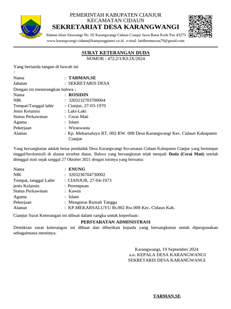 Kampung Pinter - Surat Keterangan Duda | PDF