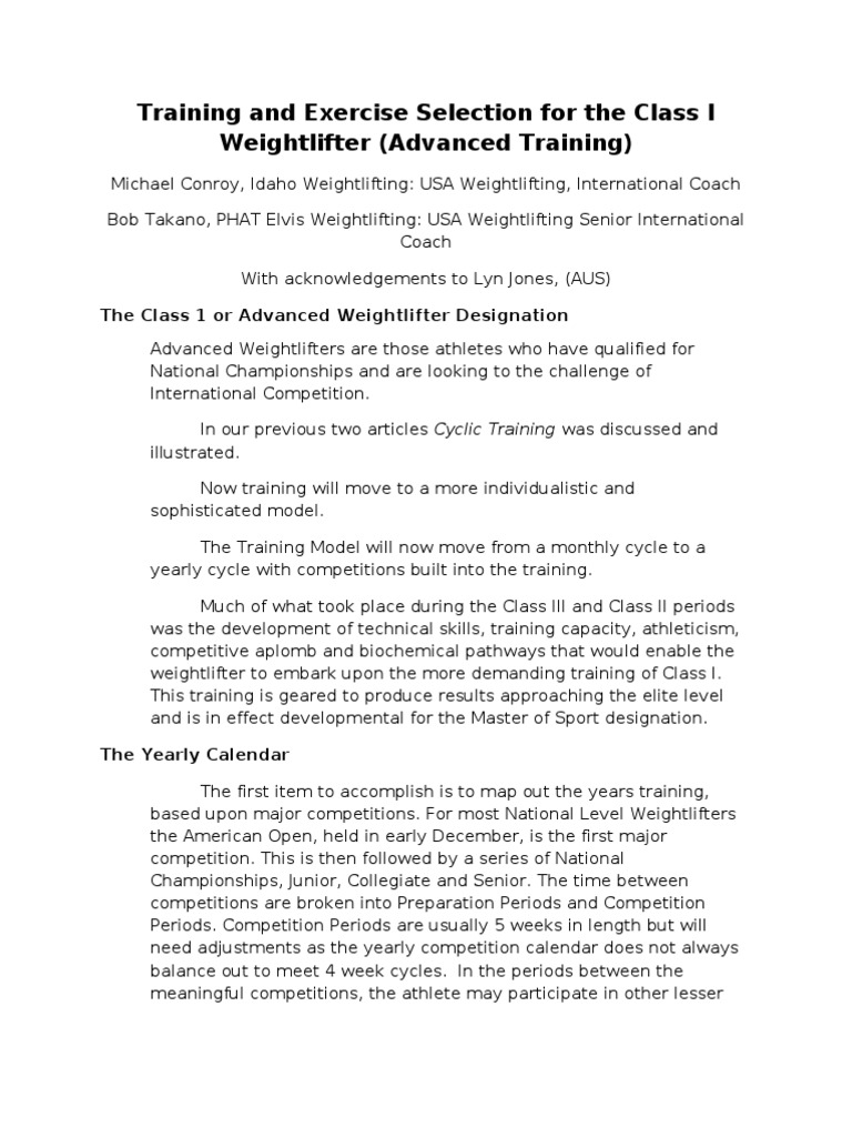 Training and Exercise Selection For The Class I Weightlifter (Advanced ...