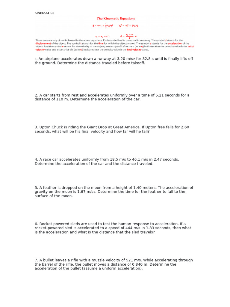 Kinematics Worksheet | PDF