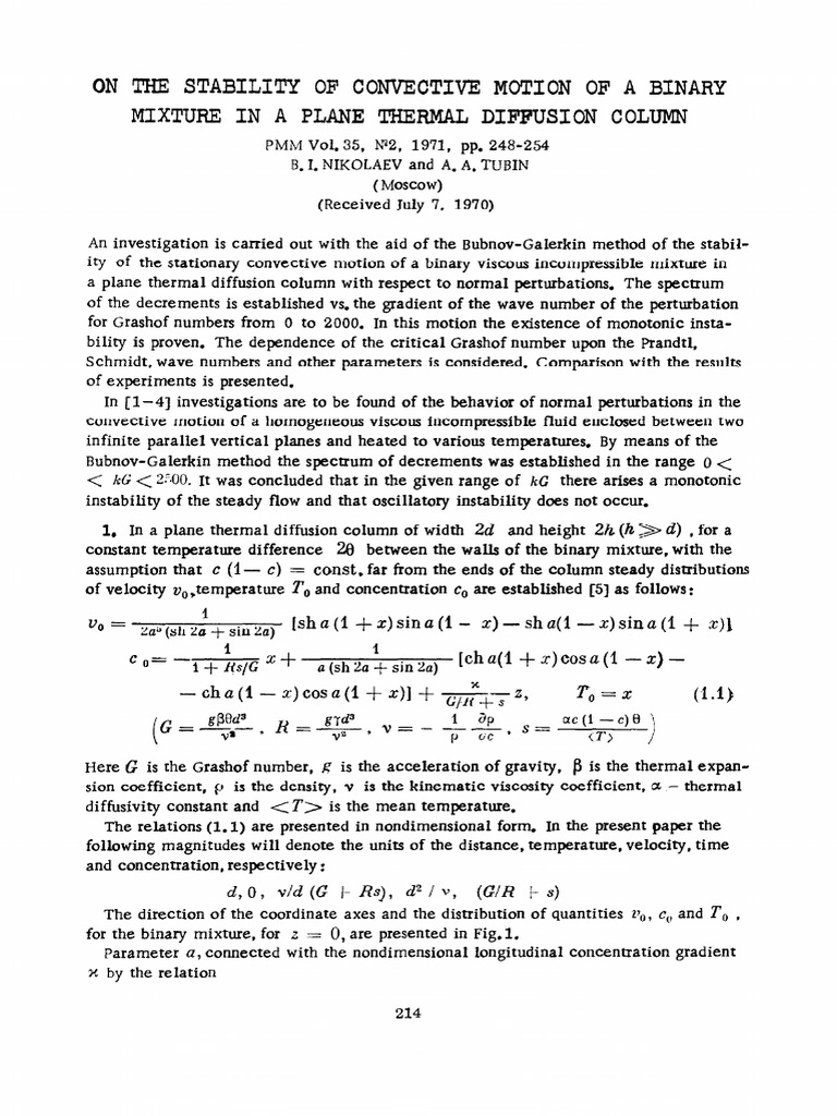 On The Stability of Convective Motion of A Binary Mixture in A Plane Thermal Diffusion Column | PDF