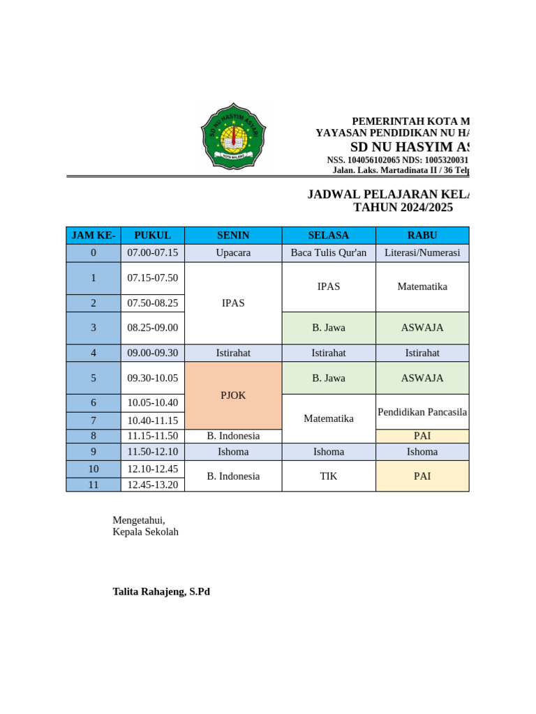 Jadwal Pelajaran Semester I 2024-2025 | PDF