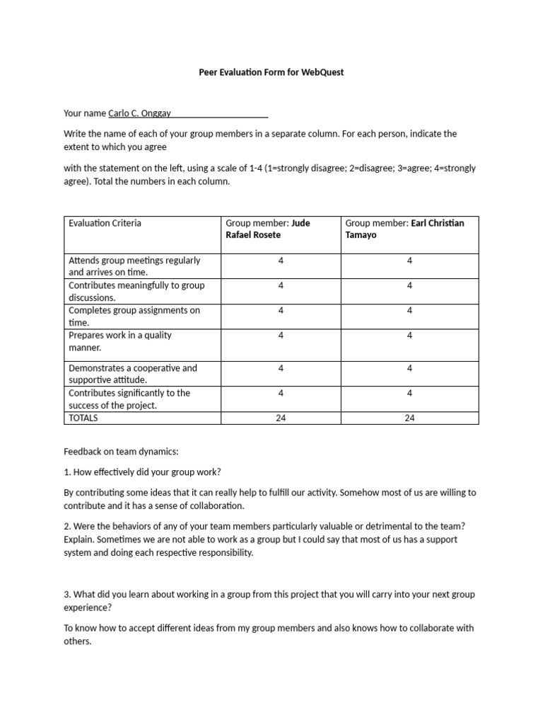 Peer Evaluation Form For WebQuest Carlo | PDF