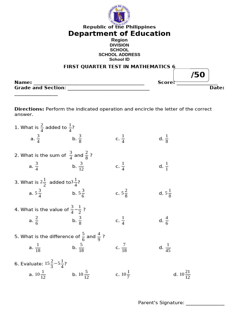 Grade 6 Q1 Periodical Exam Mathematics | PDF