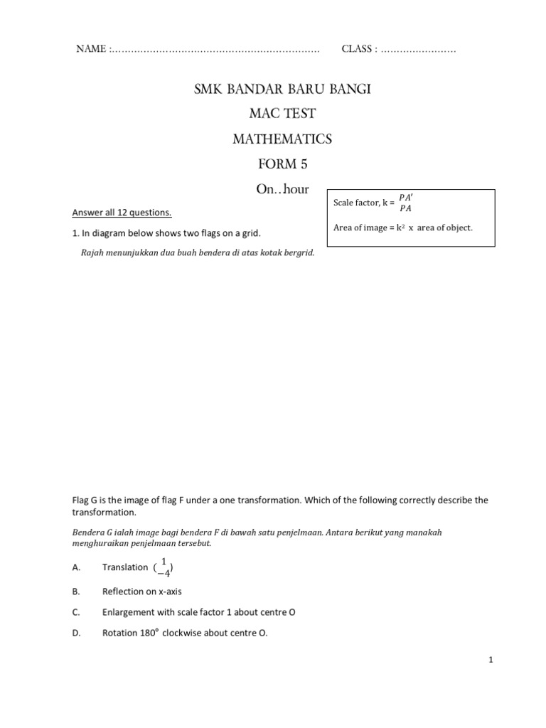 Analysis of a Mathematics Test Containing Questions on Transformations ...