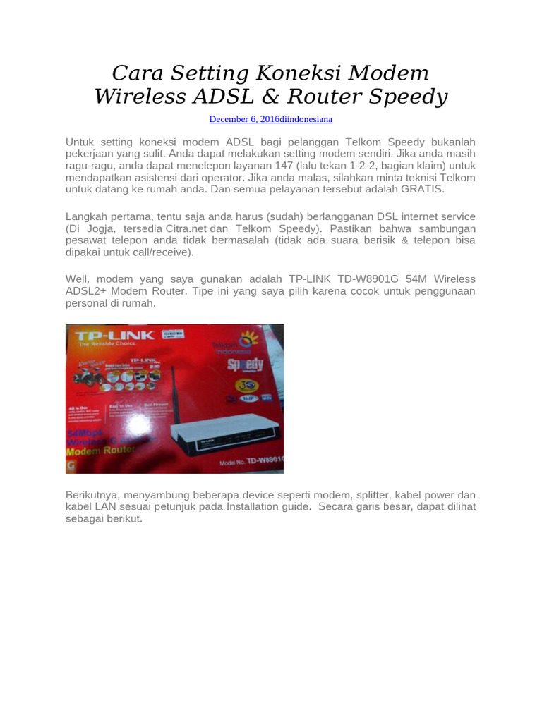Cara Setting Modem ADSL Telkom Speedy | PDF | Internet Access | Computers