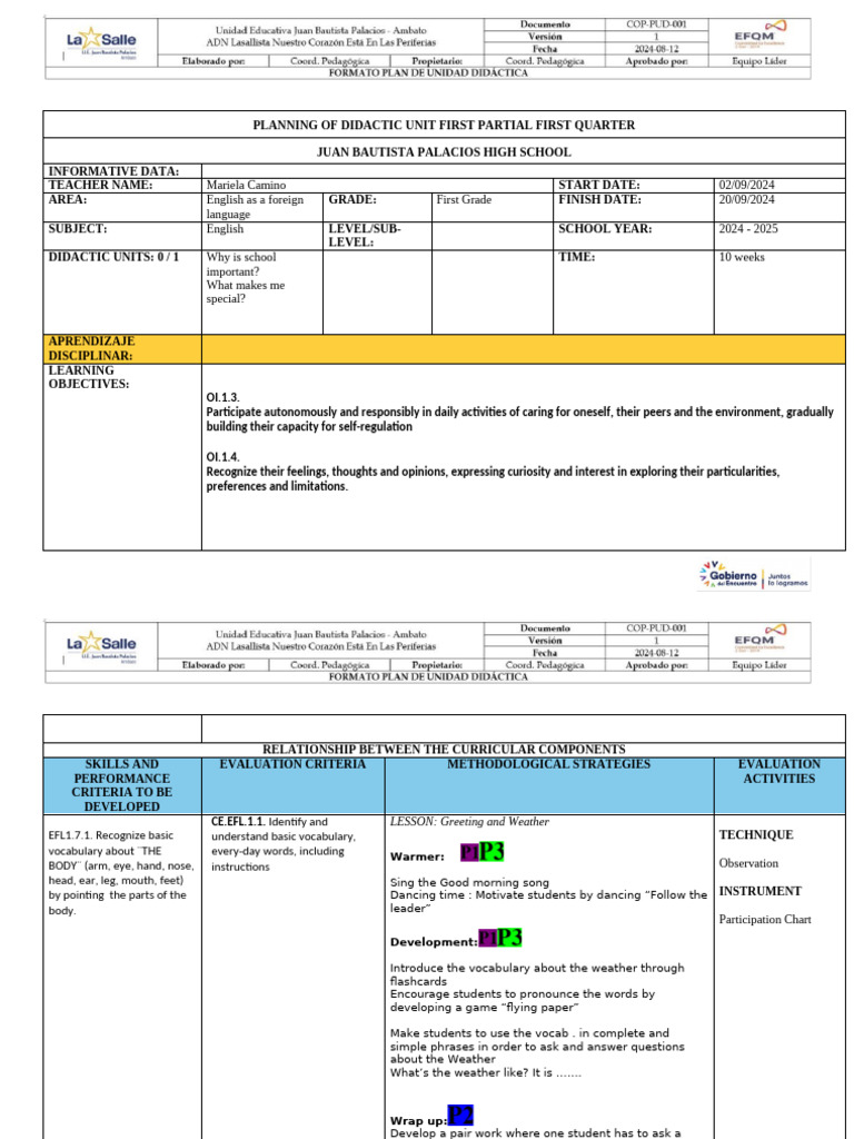 Planning of Didactic Unit First Partial First Quarter (First Grade) | PDF