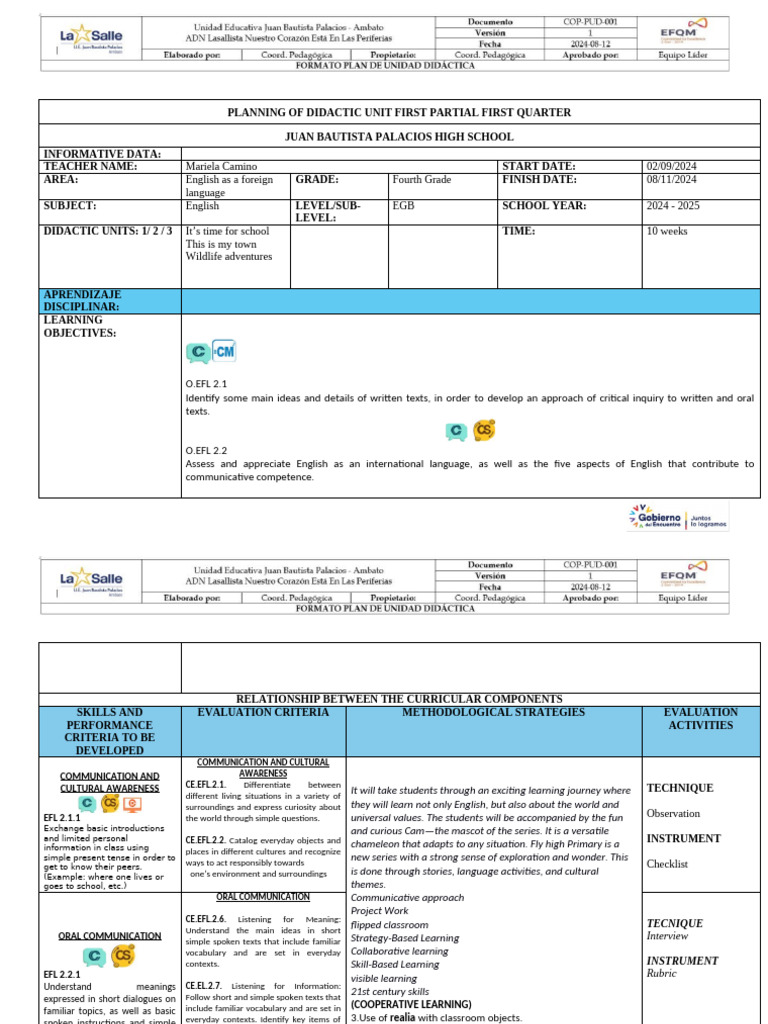PLANNING OF DIDACTIC UNIT FIRST PARTIAL FIRST QUARTER(Fourth Grade) | PDF