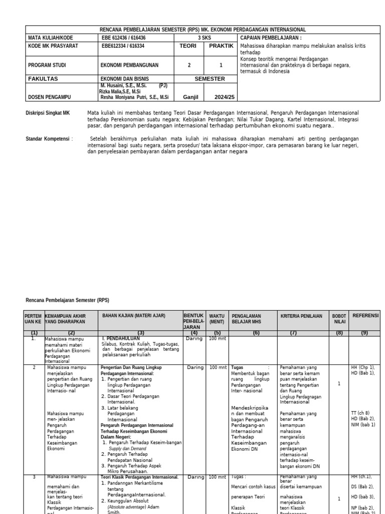 Rps Ekonomi Perdagangan Internasional Ganjil 2024-25 | PDF