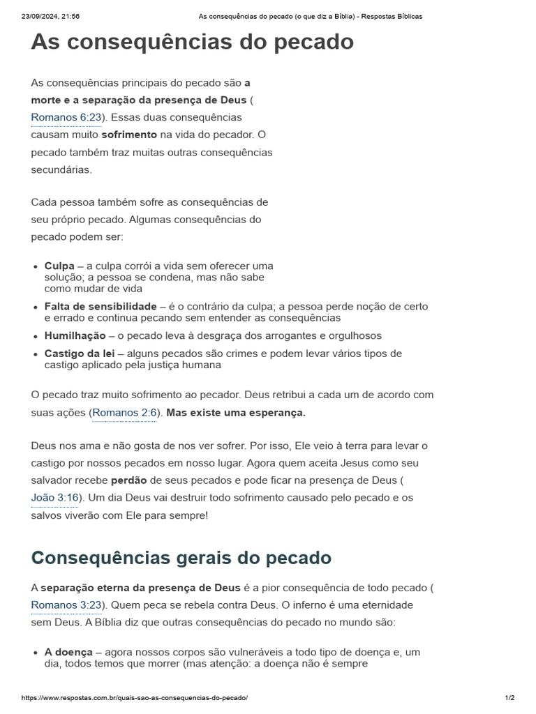 As Consequências Do Pecado O Que Diz A Bíblia Respostas Bíblicas Pdf