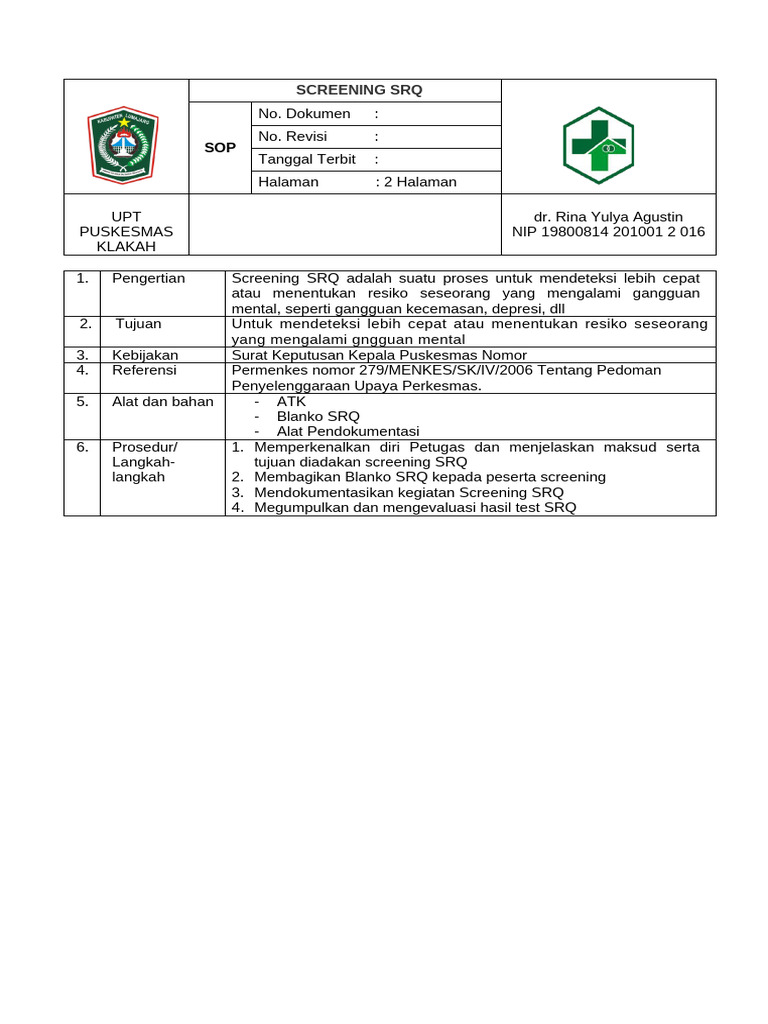 SOP Screening SRQ | PDF