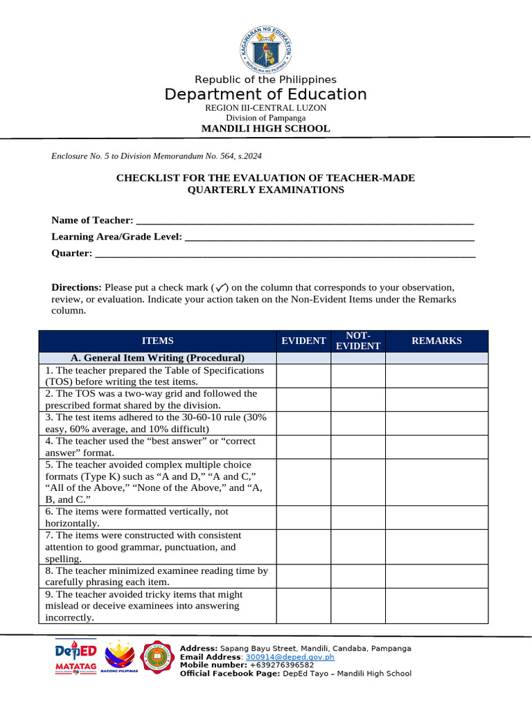 Checklist-for-the-Evaluation-of-Teacher-Made-Quarterly-Examination | PDF