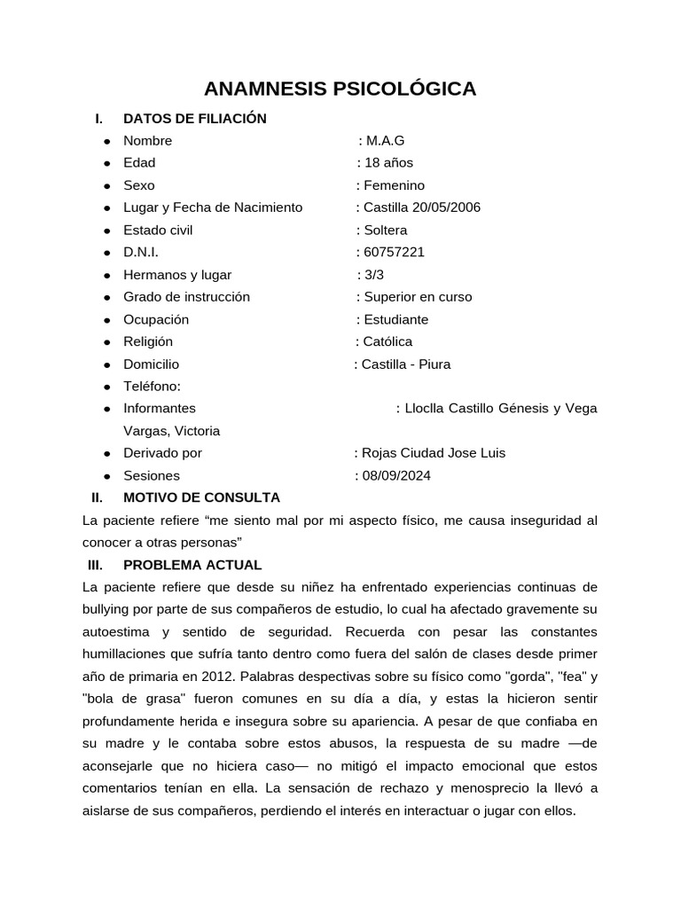 Anamnesis Psicologica Diagnostico | PDF