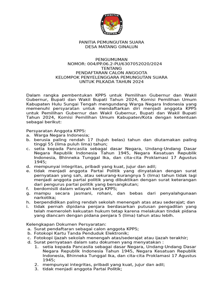 2 Pengumuman Pps Pendaftaran Kpps | PDF