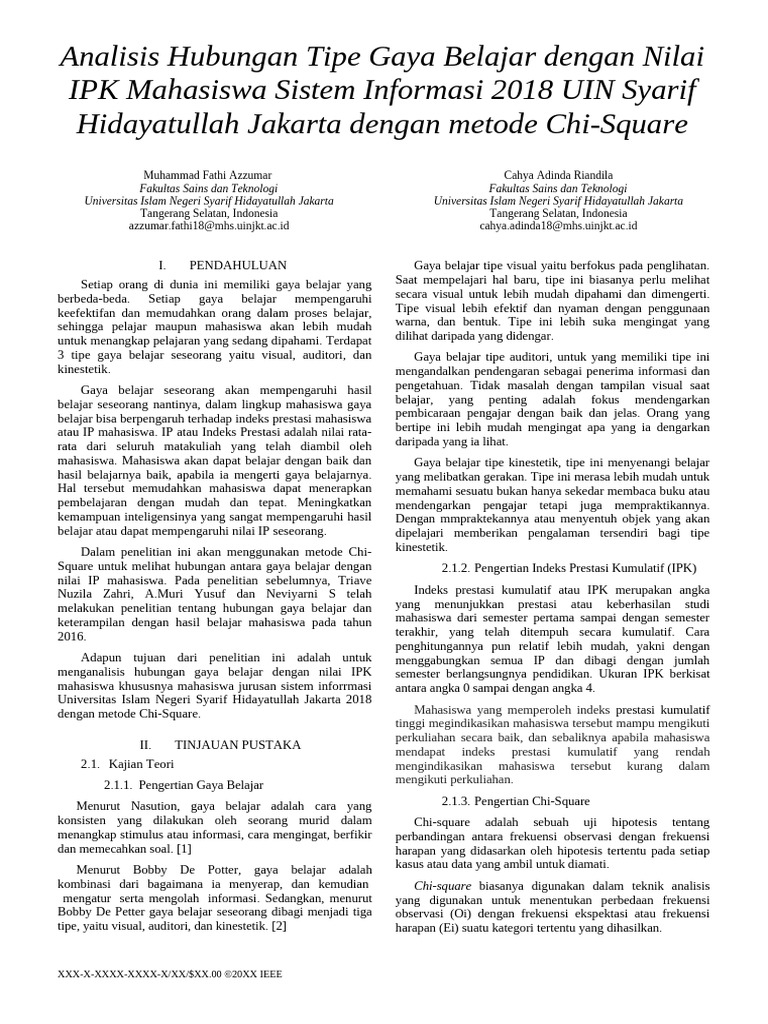 Analisis Hubungan Tipe Gaya Belajar Dengan Nilai IPK Mahasiswa Sistem Informasi 2018 UIN Syarif ...
