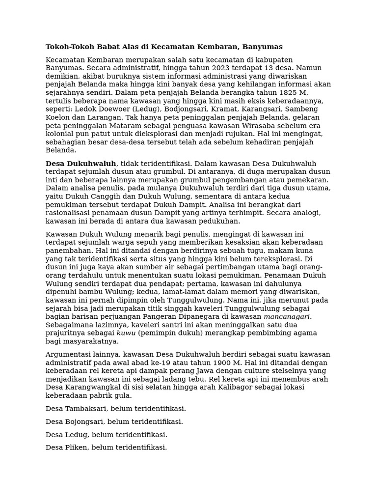 Daftar Tokoh Babat Alas Di Kecamatan Kembaran | PDF