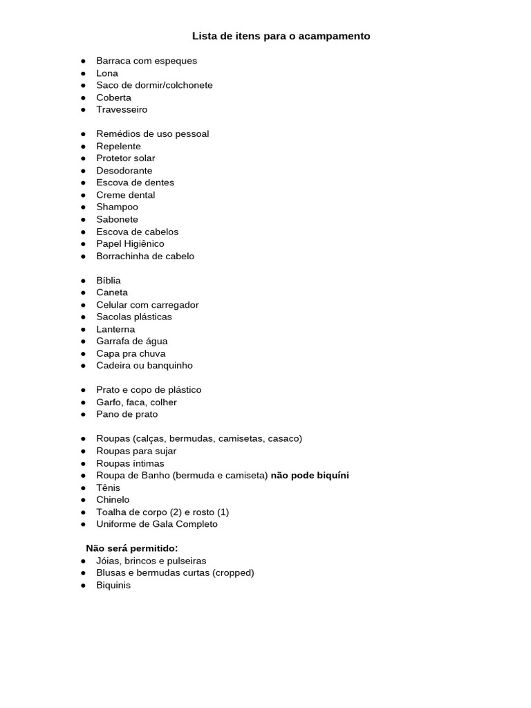 Lista de Itens para o Acampamento (Editavél) | PDF