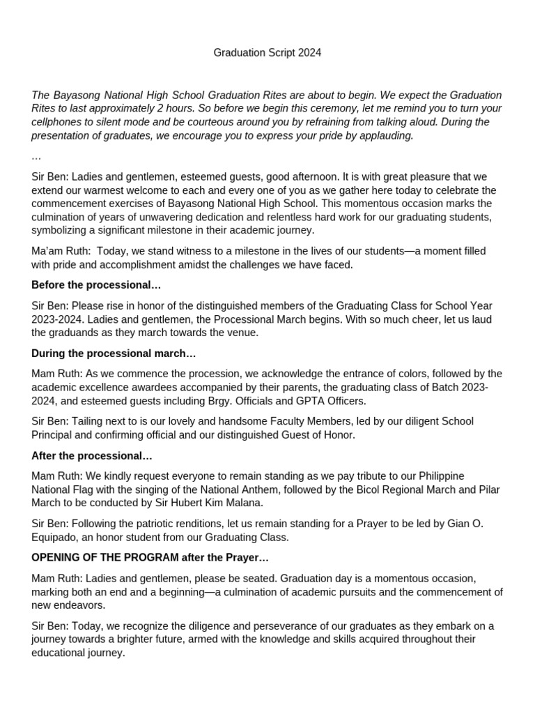 Script For BNHS Graduation Rites 2024 | PDF