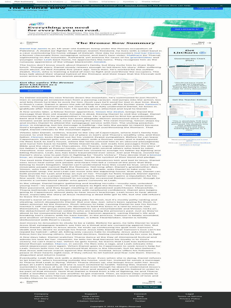The Bronze Bow by Elizabeth George Speare Plot Summary LitCharts | PDF