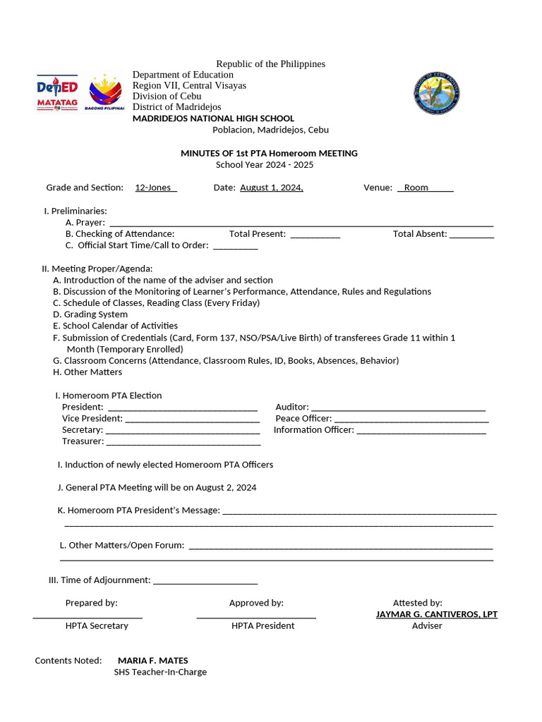 1st PTA Meeting Minutes 2024-25 | PDF
