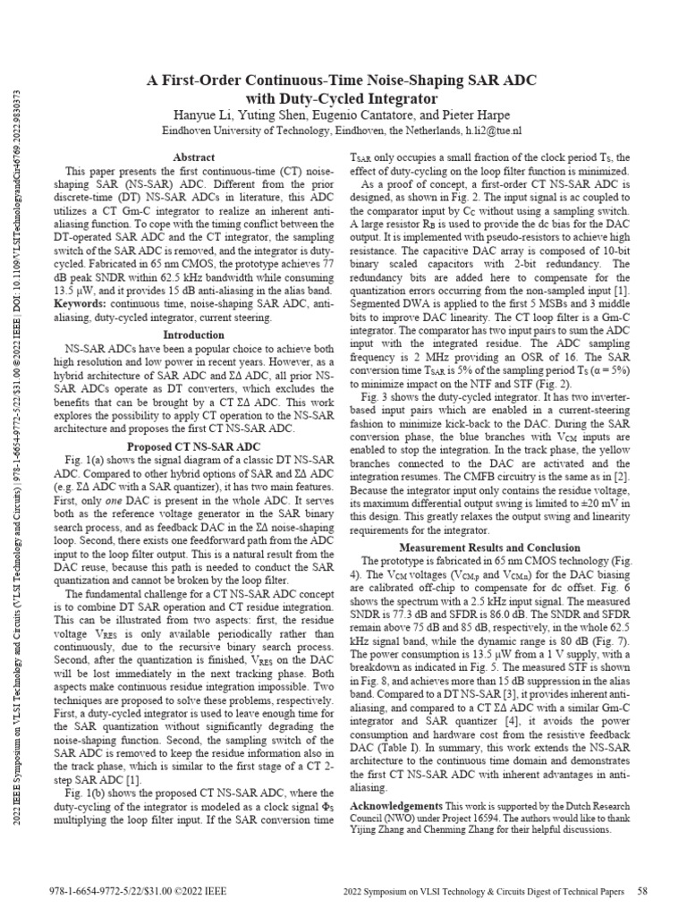 A First-Order Continuous-Time Noise-Shaping SAR ADC With Duty-Cycled Integrator | PDF
