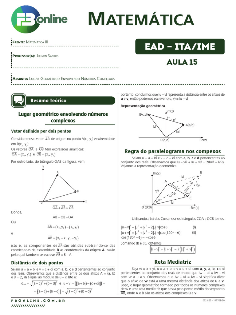 Lista Aula 15 - Lugar Geométrico Envolvendo Números Complexos | PDF