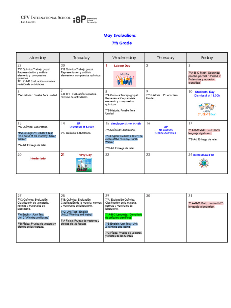 7th Grade Evaluation Calendar May 2024 | PDF