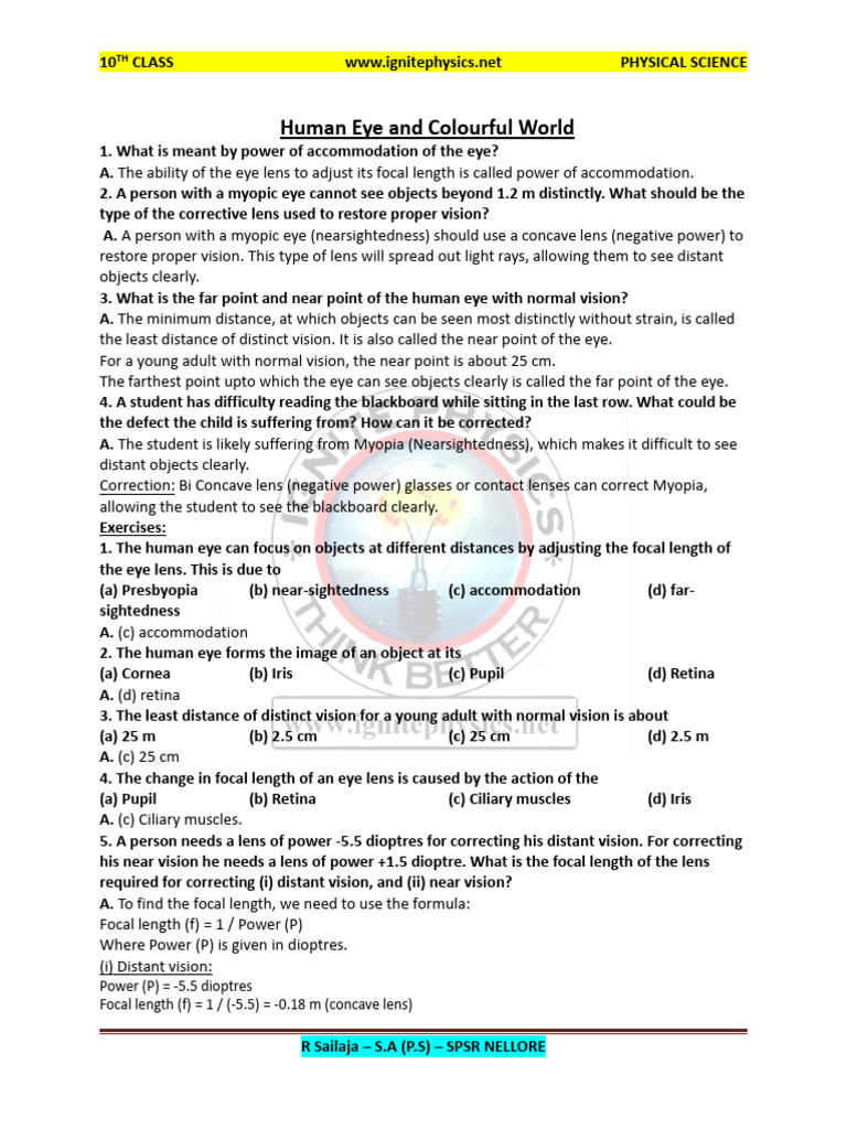 Human Eye and Colourful World (Notes) English | PDF