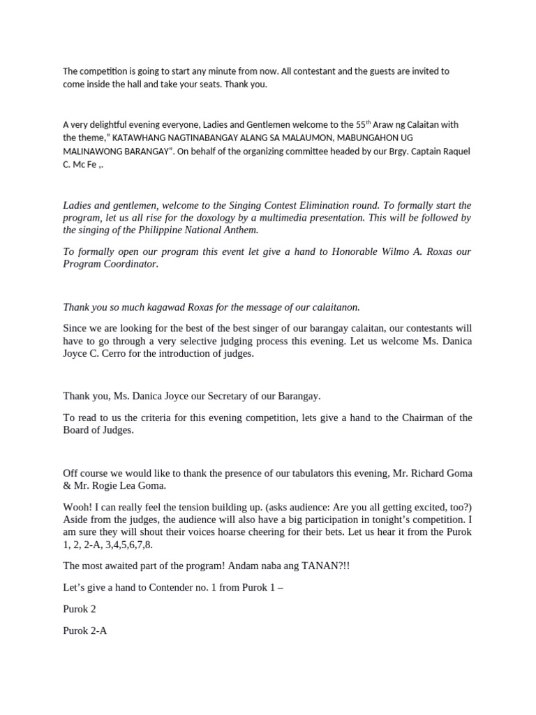 Script in Singing Competition | PDF