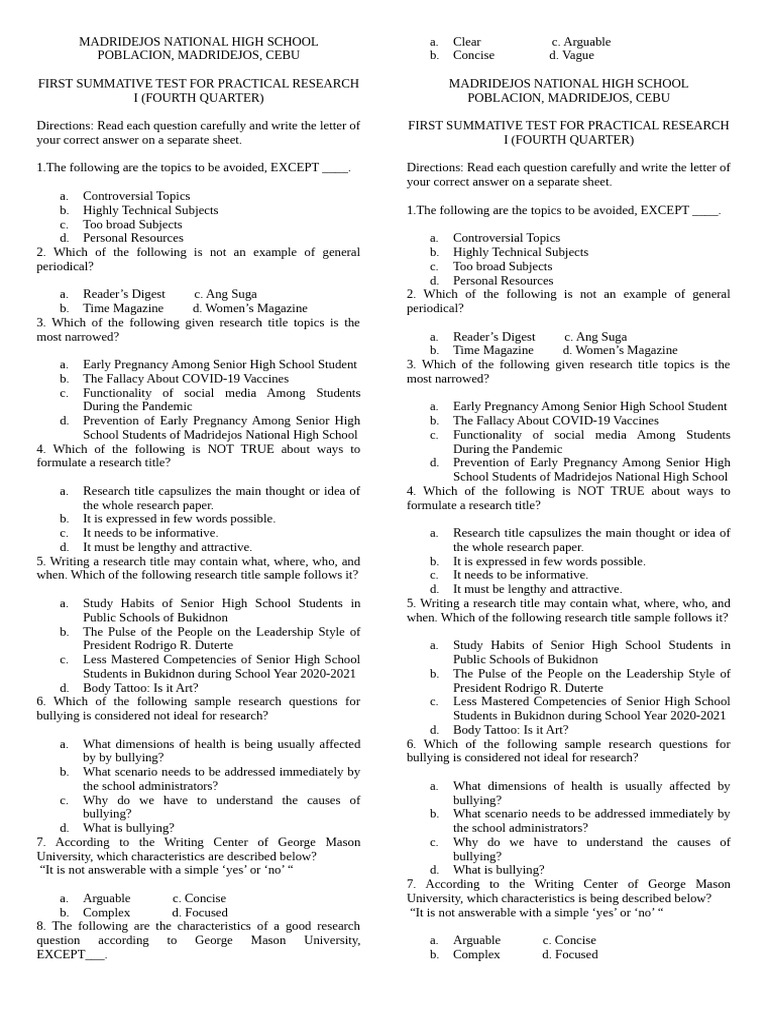 Practical Research Summative Test | PDF | Visual Impairment | Human ...