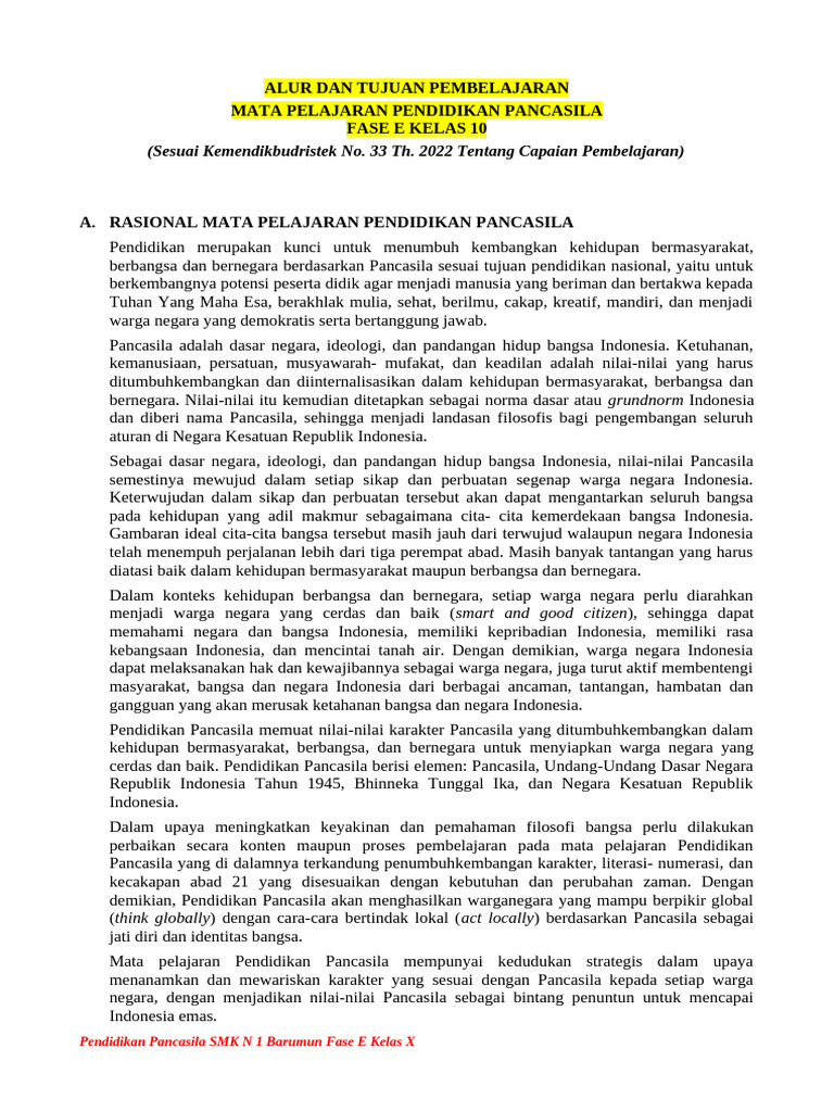 ATP Fase E - Pendidikan Pancasila Kls X | PDF