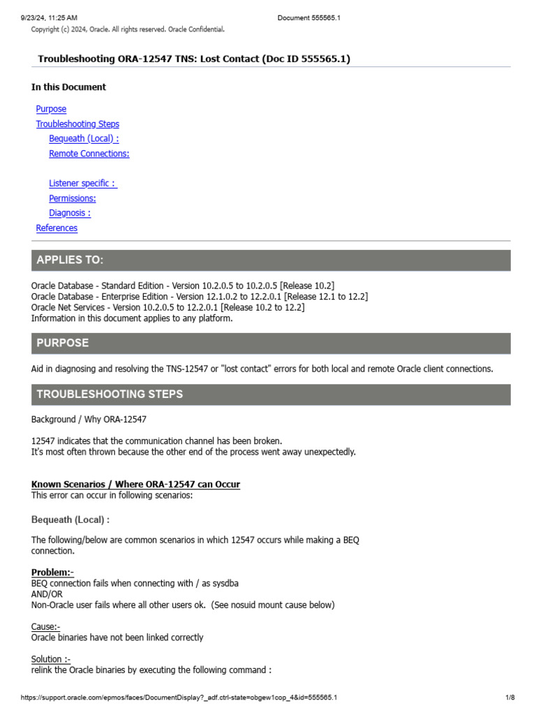 Troubleshooting ORA-12547 TNS Lost Contact (Doc ID 555565.1) | PDF