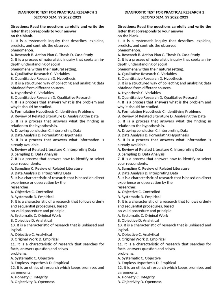 Diagnostic Test For Practical Research 1 | PDF | Quantitative Research ...