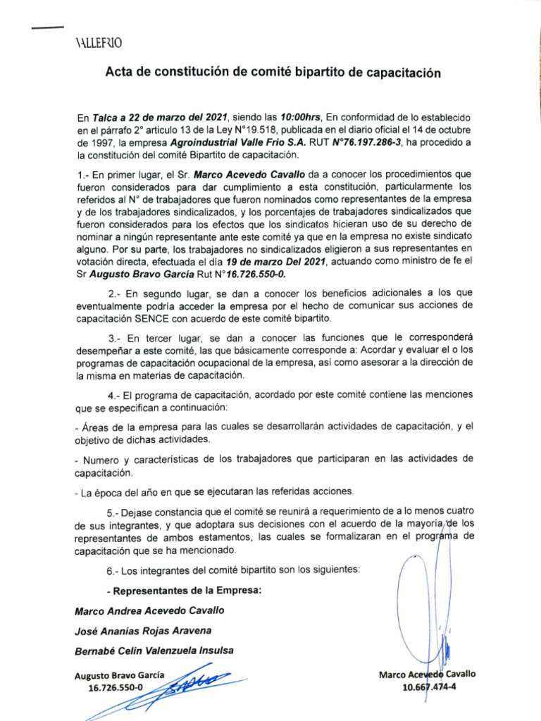 Acta Comite Bipartito de Capacitacion | PDF