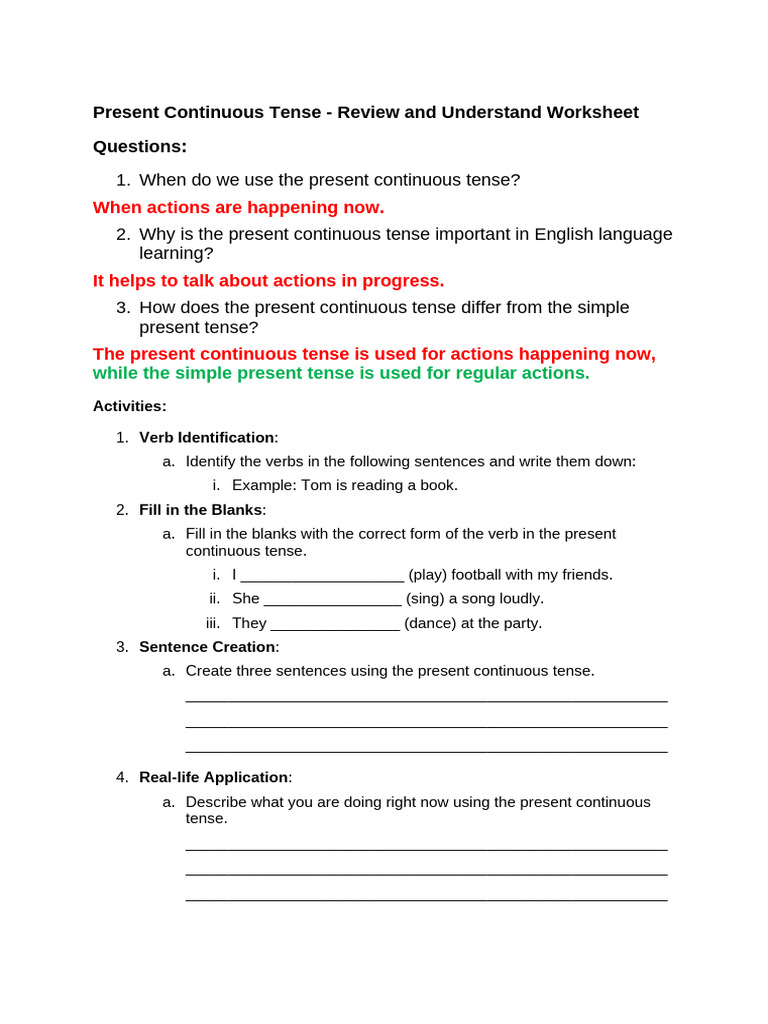 Present Continuous Tense Worksheet Review AS | PDF