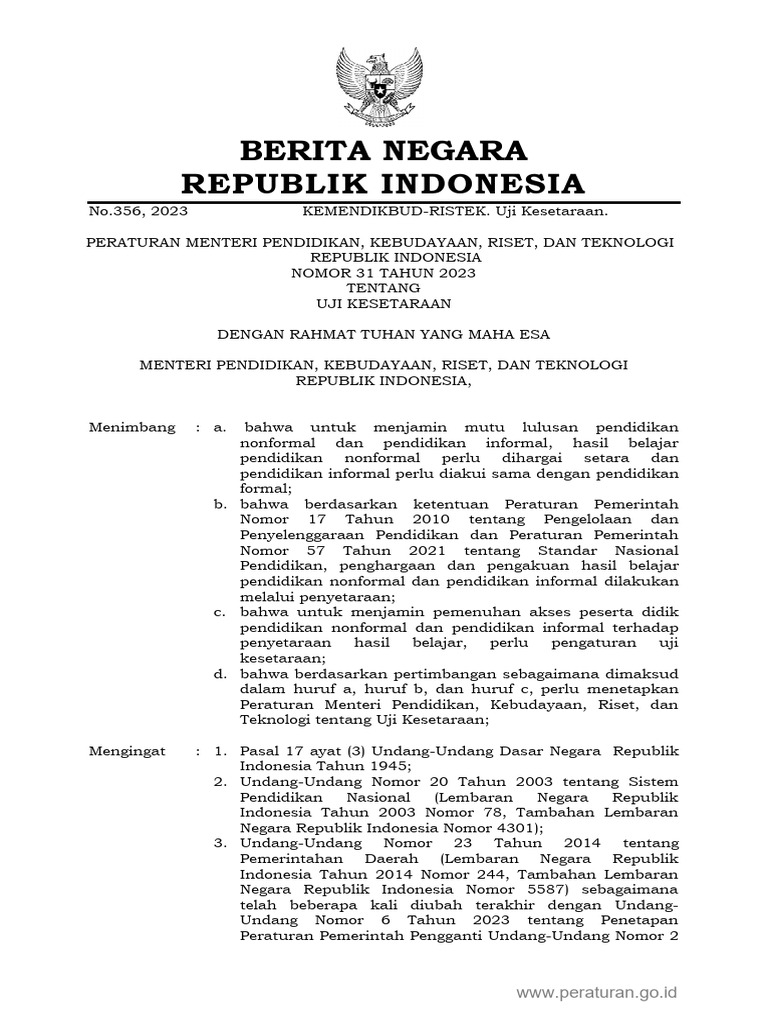 Peraturan Menteri Pendidikan, Kebudayaan, Riset, Dan Teknologi Nomor 31 Tahun 2023 | PDF