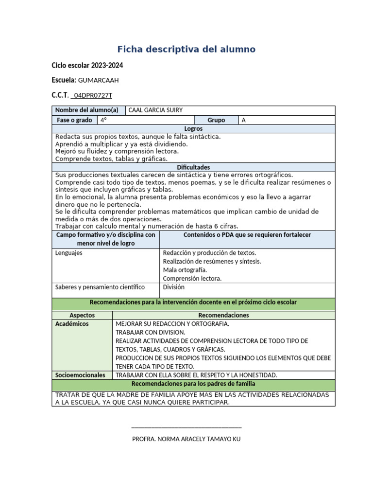 Ficha Descriptiva ALUMNOS 4A | PDF | Comprensión lectora | Aprendizaje