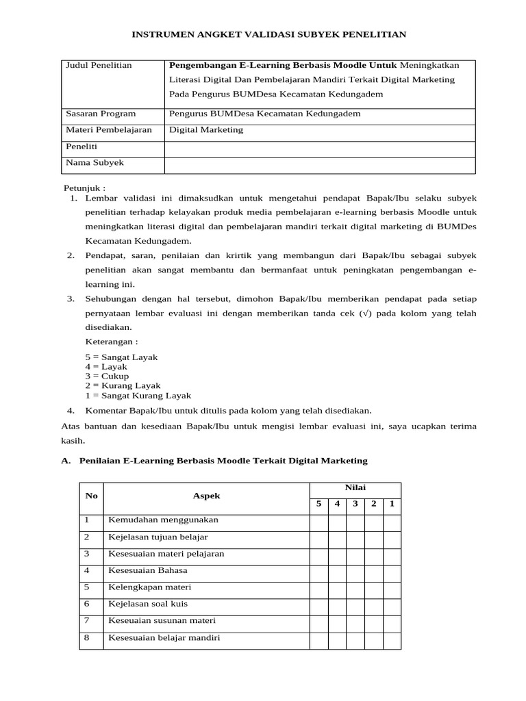 Angket Validasi Subyek Penelitian | PDF