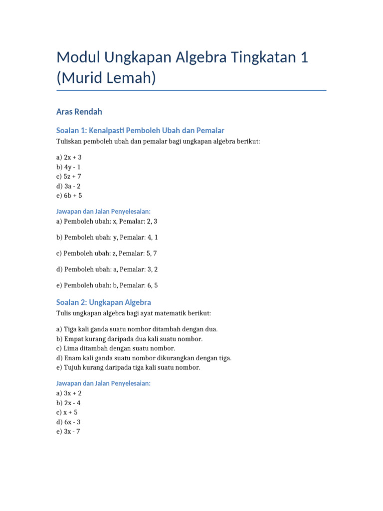 Modul Ungkapan Algebra Tingkatan 1 Murid Lemah | PDF