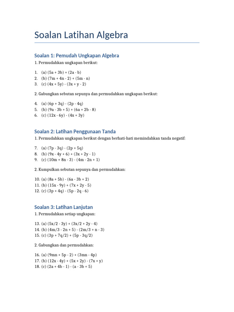 Soalan Latihan Algebra | PDF