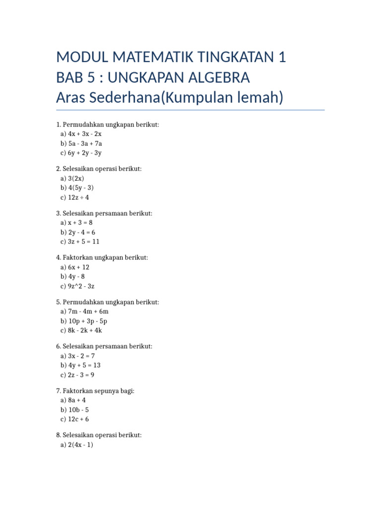 Soalan Algebra TINGKATAN 1 Aras Sederhana 2 | PDF