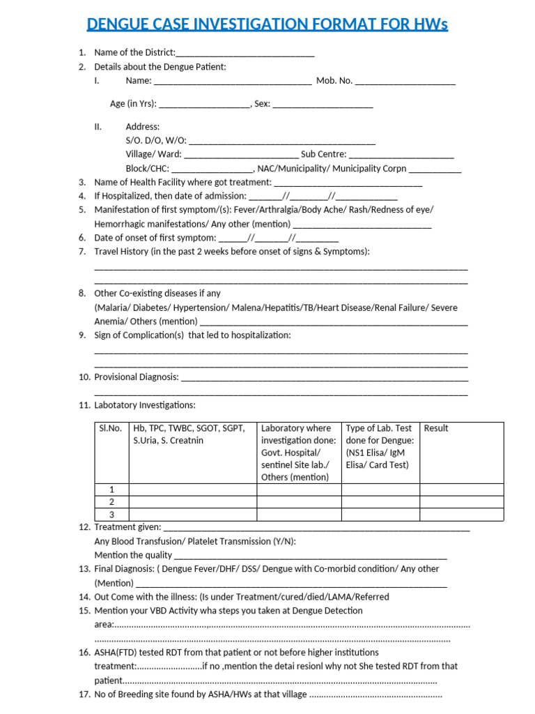Dengue Case Investigation Format For Hwss | PDF