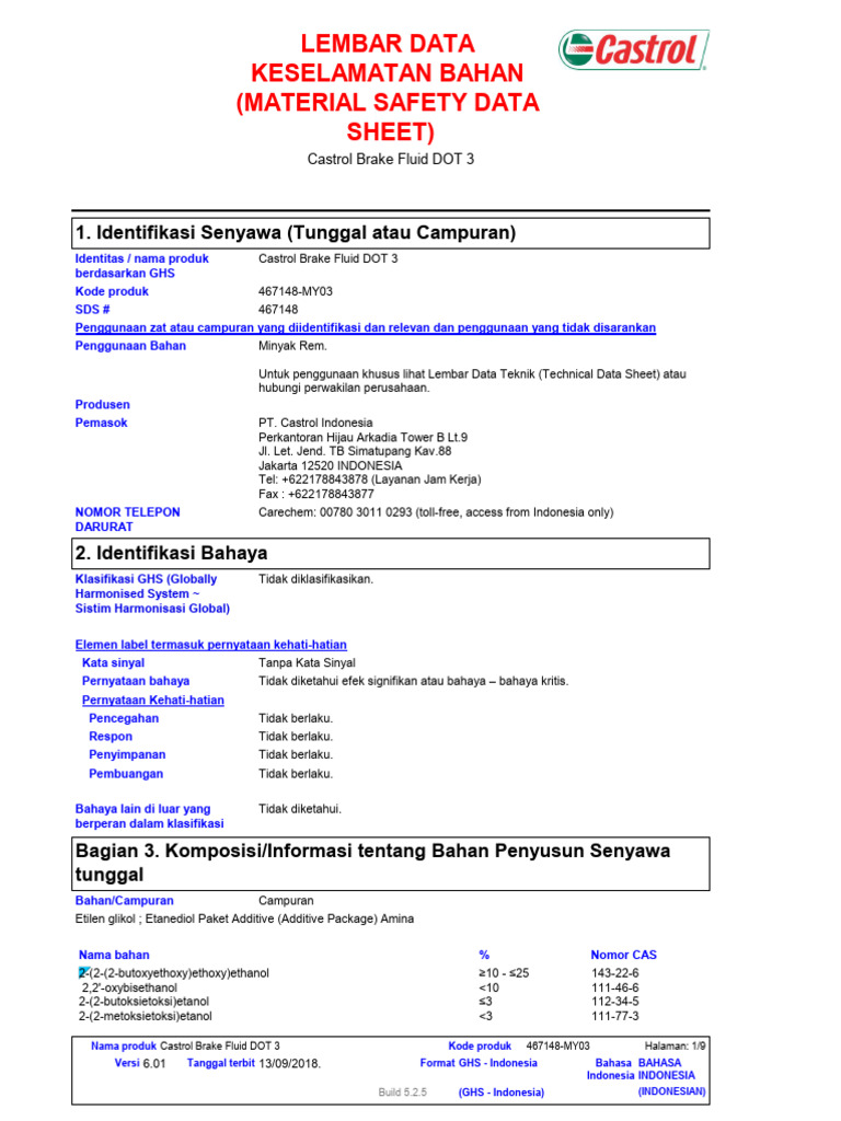 MSDS Minyak Rem | PDF
