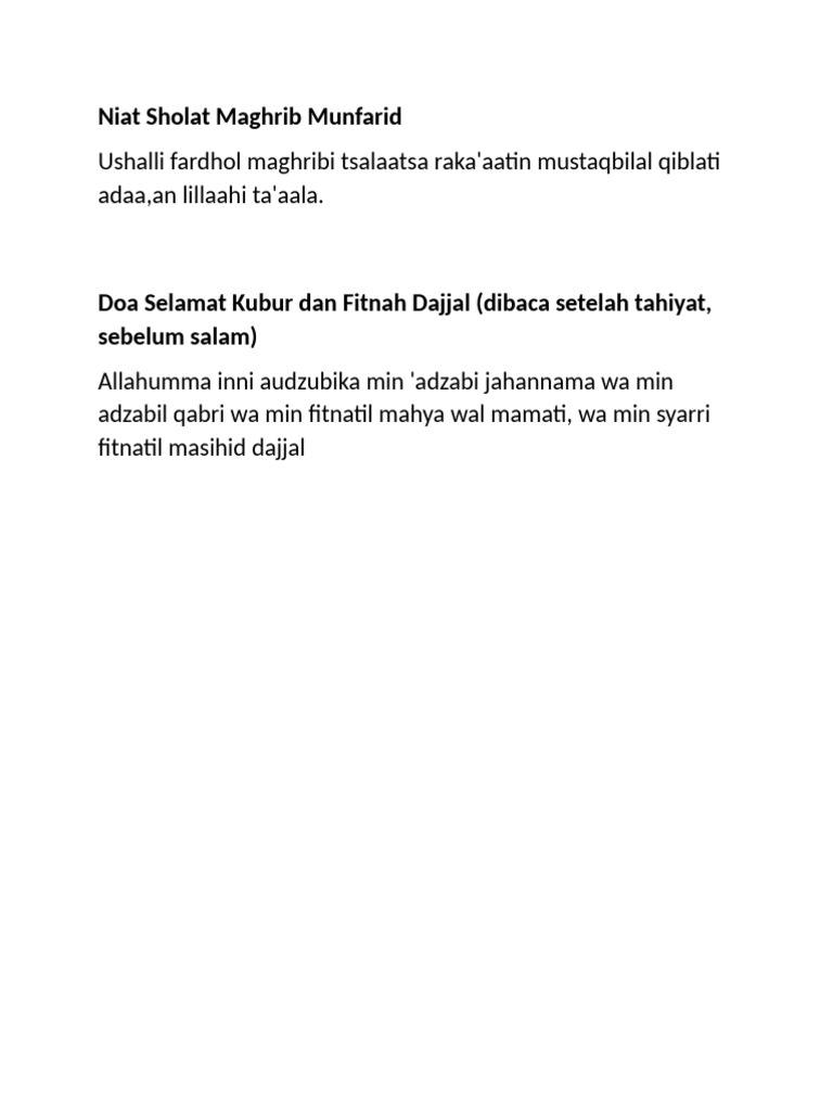 Niat Sholat Maghrib Munfarid | PDF
