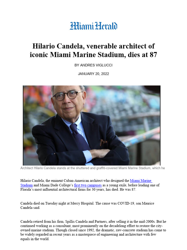 Hilario Candela Enerable Architect of Iconic Miami Marine Stadium | PDF