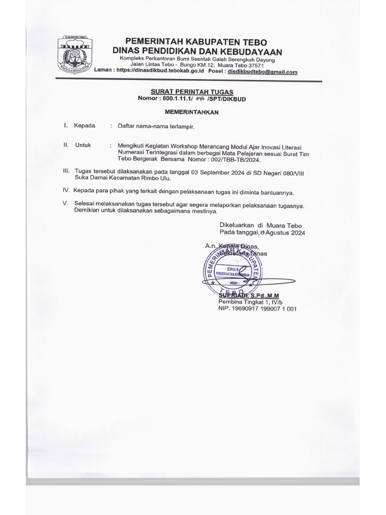 SPT Kegiatan Workshop Modul Ajar Inovasi Dan Numerasi 03 September | PDF