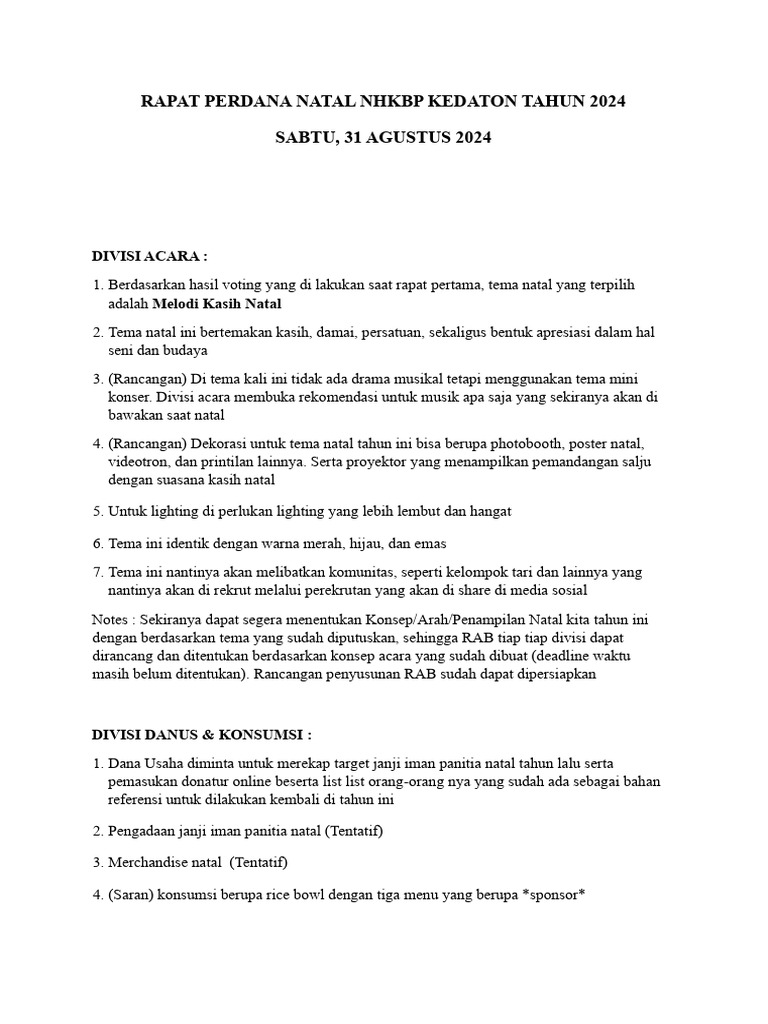 Notulensi Rapat Besar Ke-1 Natal NHKBP TGL 31 AGUSTUS 2024 | PDF