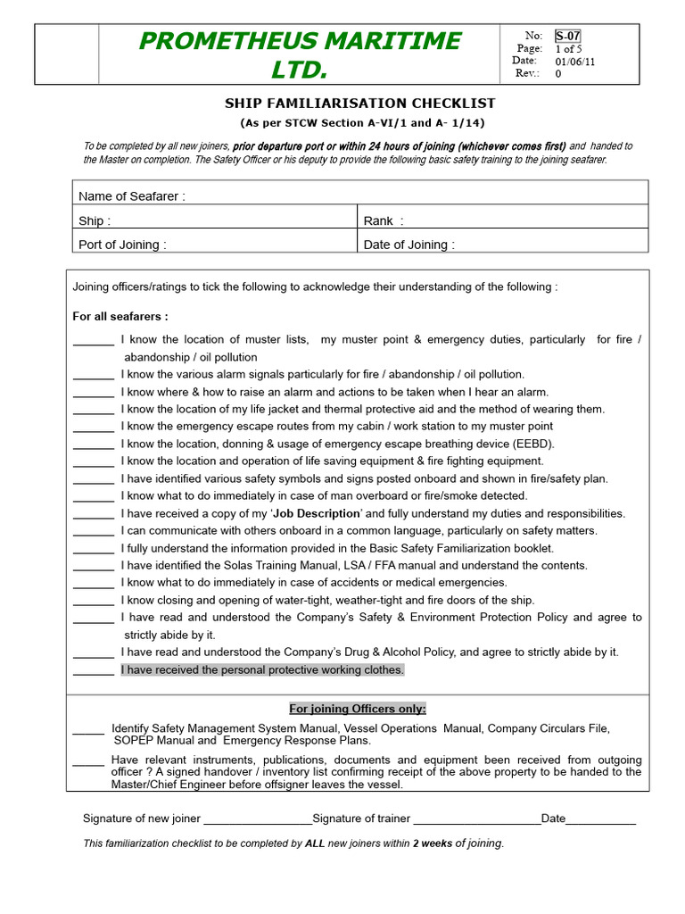 Infoship Familiarization Checklist | PDF | Engines