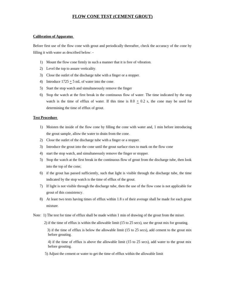 Grout Flow Cone Test Procedure | PDF