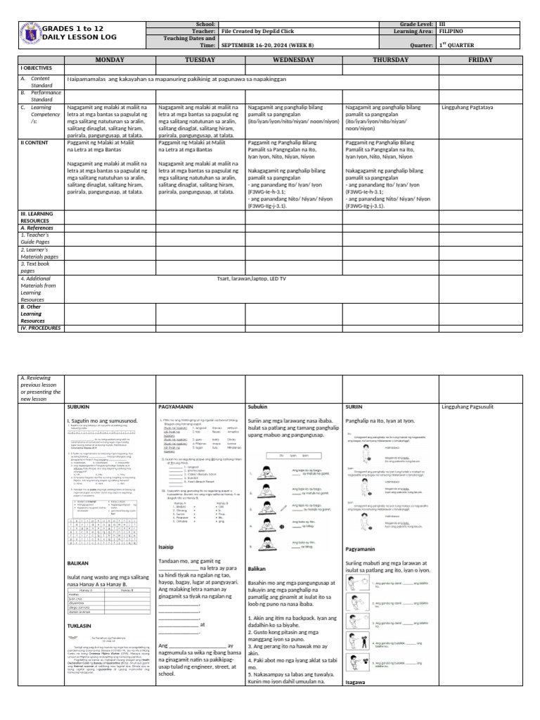 DLL - Filipino 3 - Q1 - W8 | PDF | Philippines