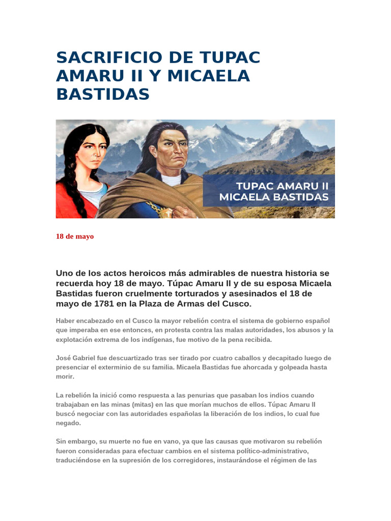 Charla Sacrificio Heroico de Tupac Amaru Ii y Micaela Bastidas | PDF